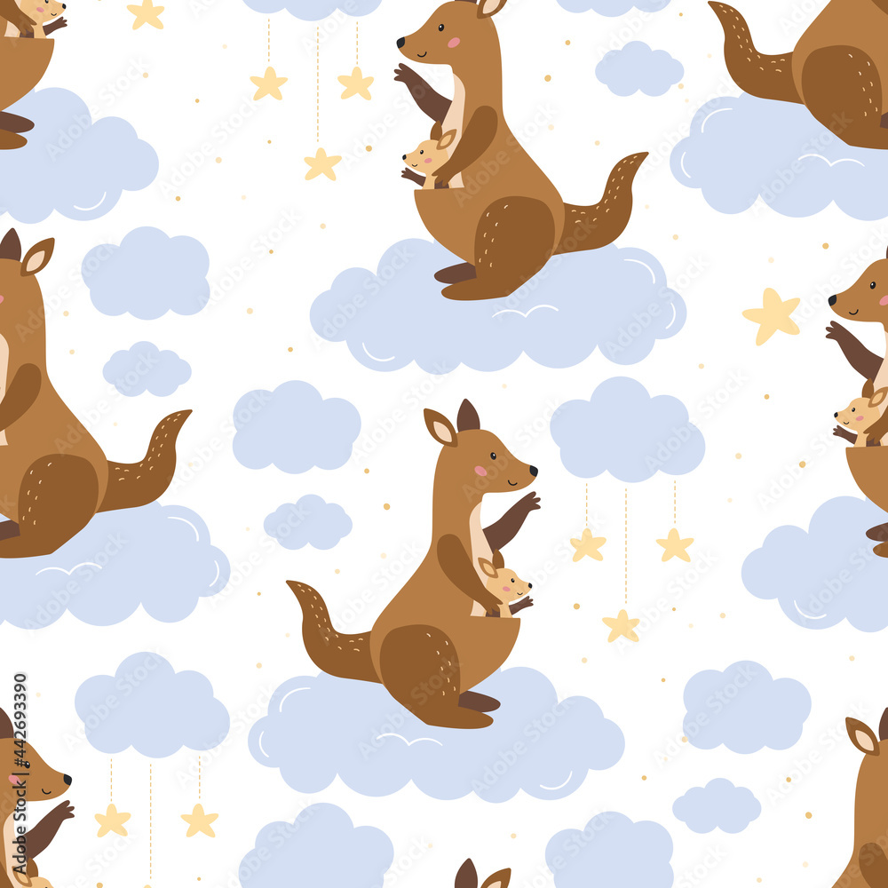 Childish seamless pattern with mother kangaroo and her baby on clouds ... Childish seamless pattern with mother kangaroo and her baby on clouds ...