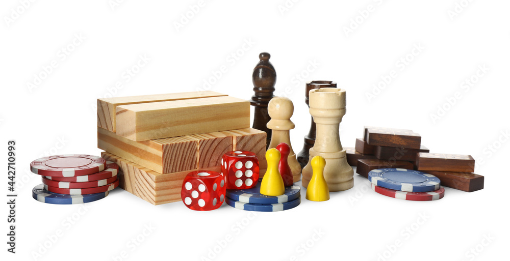 Elements of different board games on white background Stock Photo ...