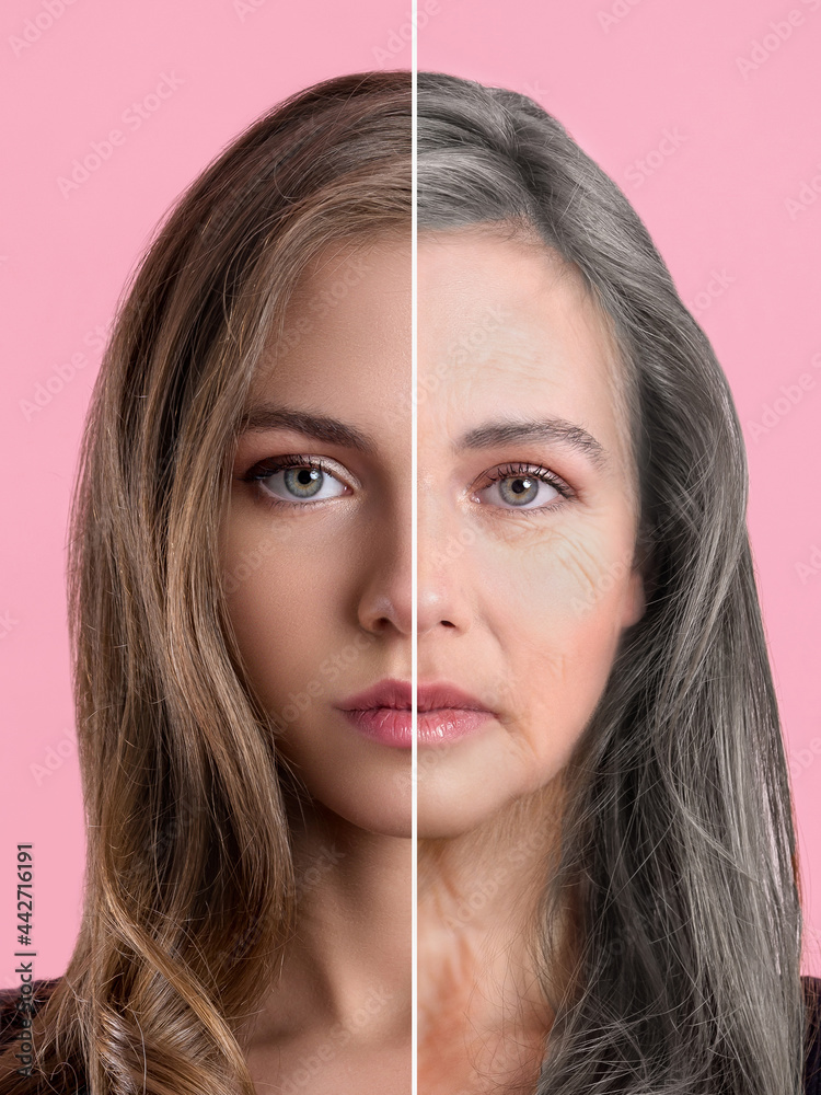 aging woman collage before after, comparison of young with old ...