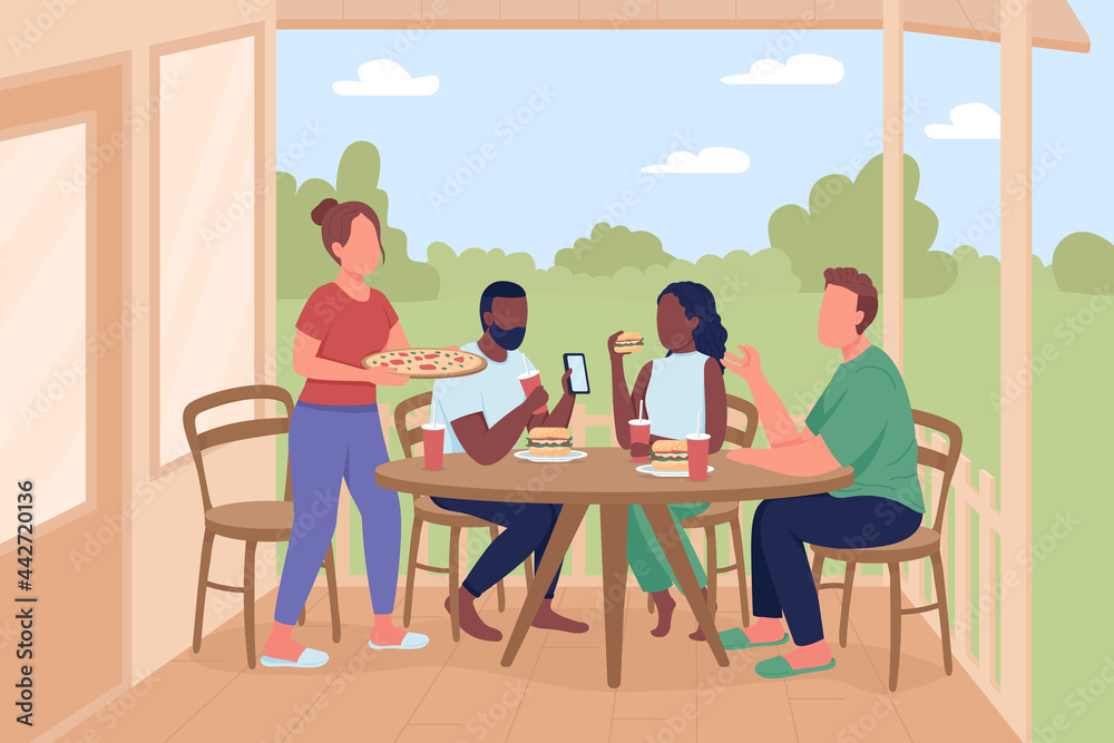 Friends at outdoor dinner party flat color vector illustration. Leisure ...