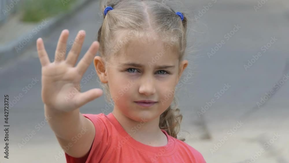 Stop Sign Hand Child Person Portrait. Little Girl Annoyed Making Stop ...