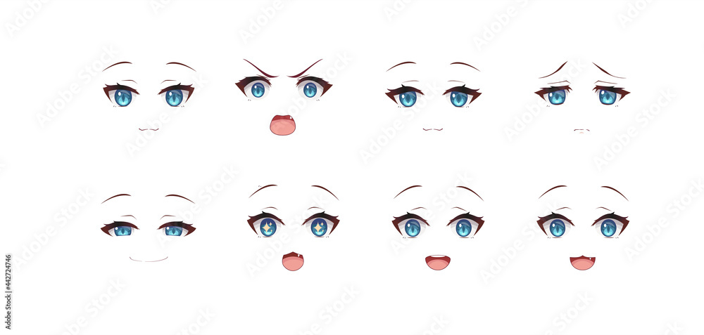 Anime manga necko cat girl expressions eyes set. Japanese cartoon style ...