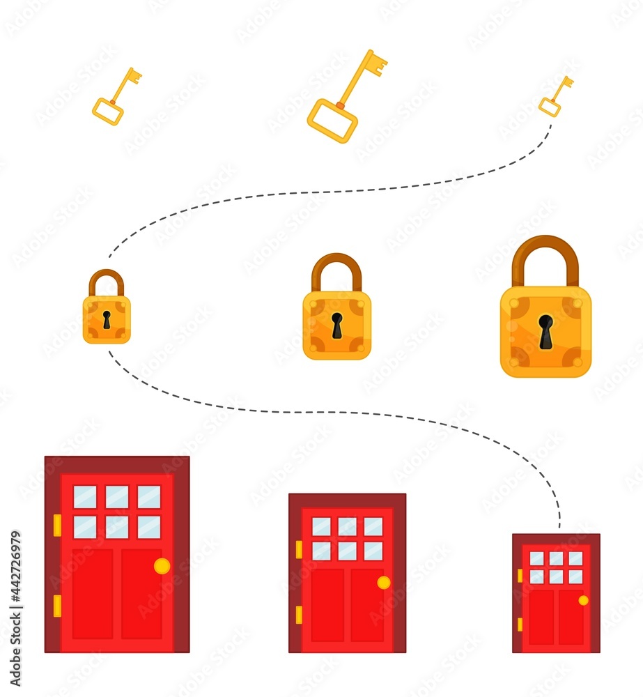 Matching children educational game. Match key, lock and door by size ...