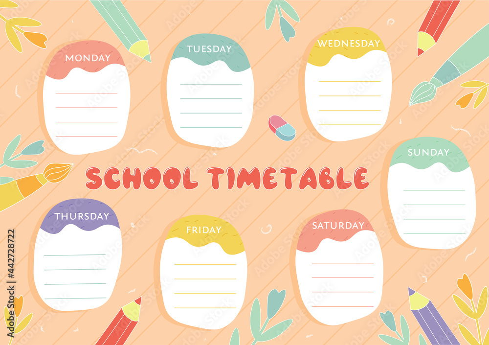 School timetable, weekly classes schedule in cartoon style. Vector ...