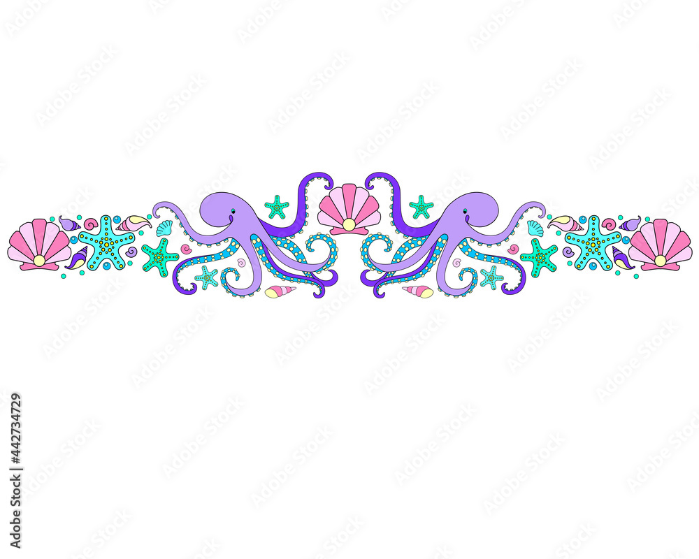 Marine divider, border, octopus, starfish, shells, bulbs, pearls ...