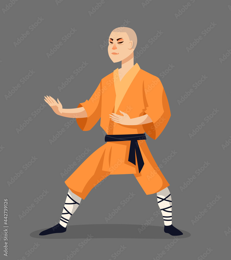 Shaolin monk in attacking position. Male character in cartoon style ...