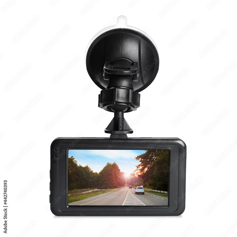 Modern car dashboard camera with photo of road on screen against white ...