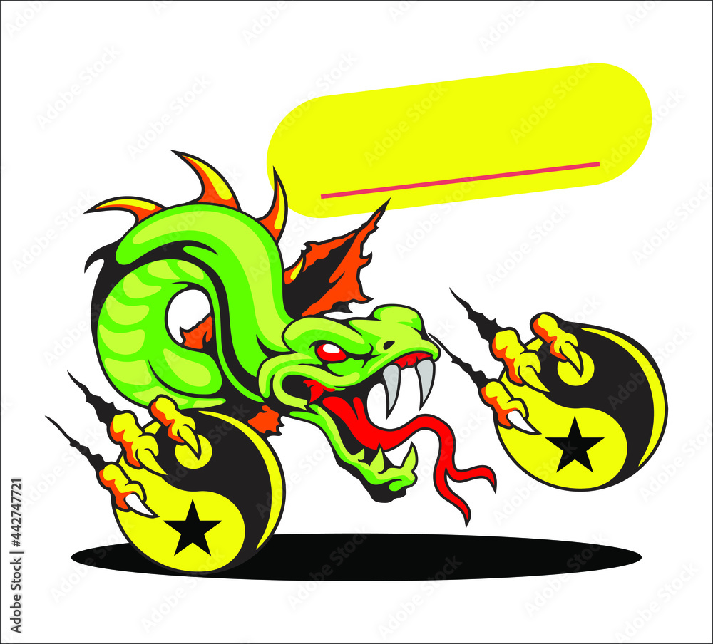 The yellow green dragon stuck out a red tongue with fireballs on both ...