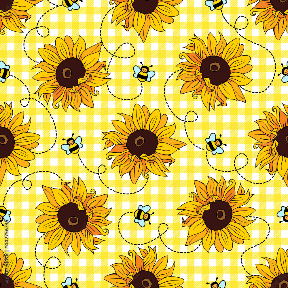 .Cute bees and sunflowers on a checkered background. Vector summer ...