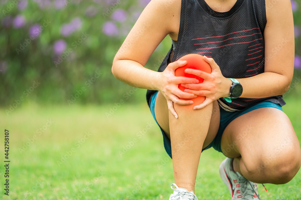 Woman runner suffering with pain on sports running knee injury, shin ...