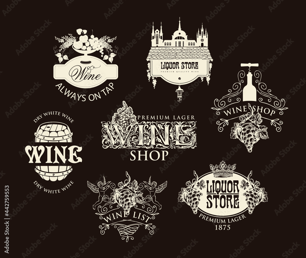 Set of logos, labels, badges, emblems, stickers for a wine shop and ...