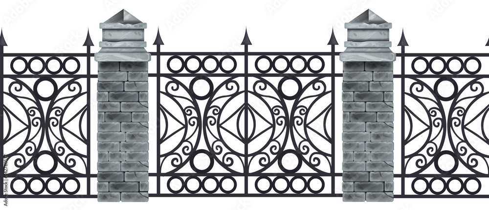 Iron wrought fence vector illustration, metal ornate seamless frame ...