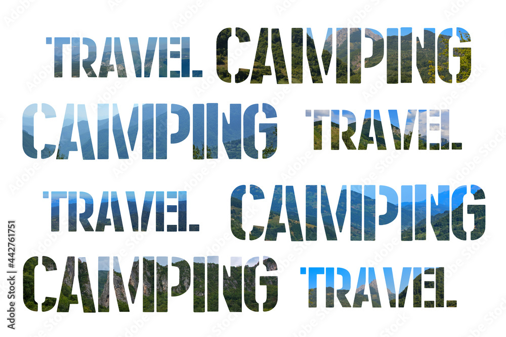 Camping words with mountain landscape photos inside. Clip art set on ...