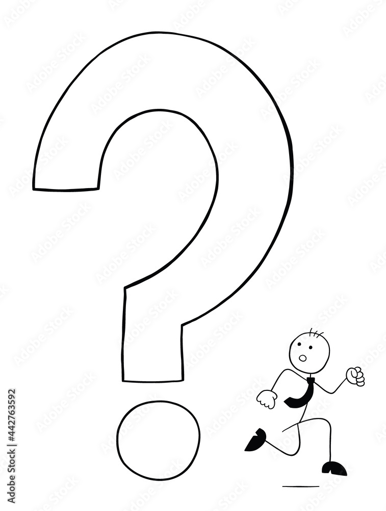 Stickman businessman character afraid of the huge question mark and ...