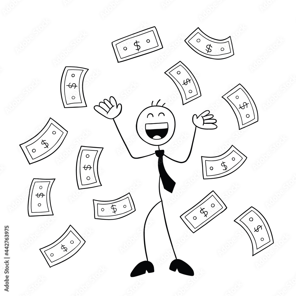 Stickman businessman character happy and paper moneys floating in air ...
