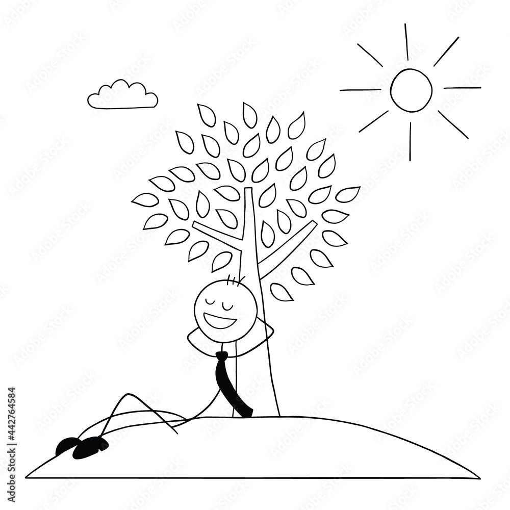 Stickman businessman character leaning against a tree and resting in ...