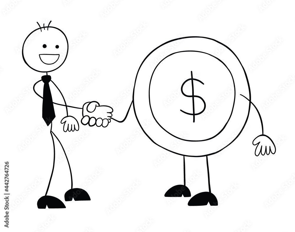 Stickman businessman character shaking hands with dollar coin, vector ...