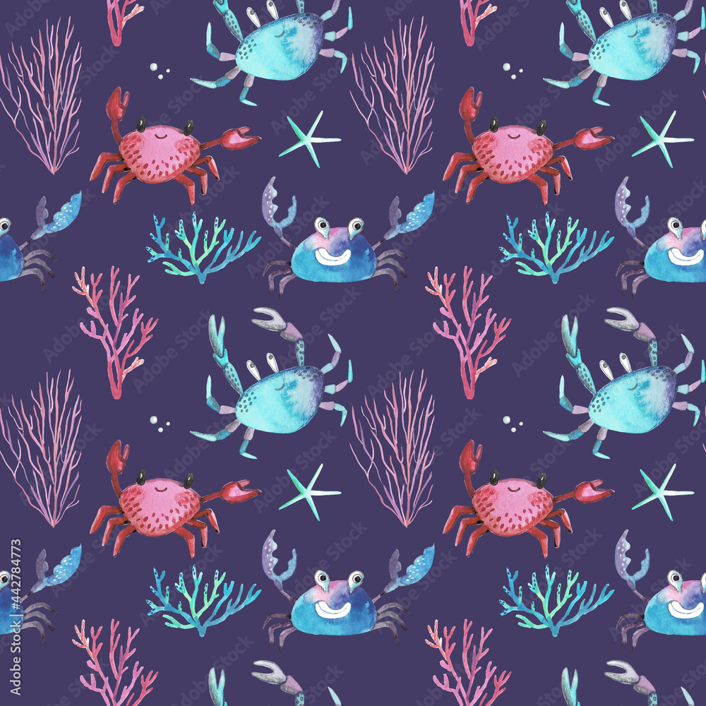 Watercolor children's seamless patterns with underwater creatures: crab ...