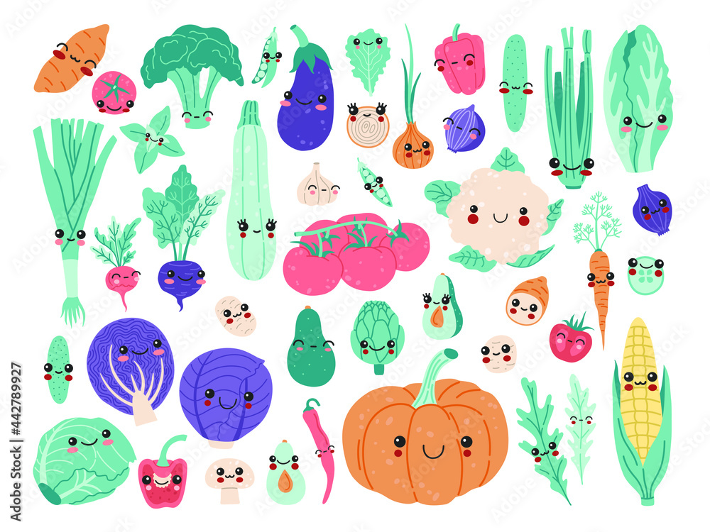 Cute kawaii baby vegetables set, funny cartoon vitamin plant sticker ...