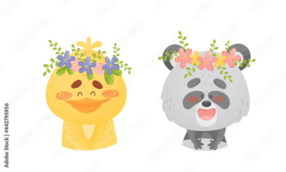 Cartoon Animals with Flower Decoration on Their Heads Vector Set Stock ...