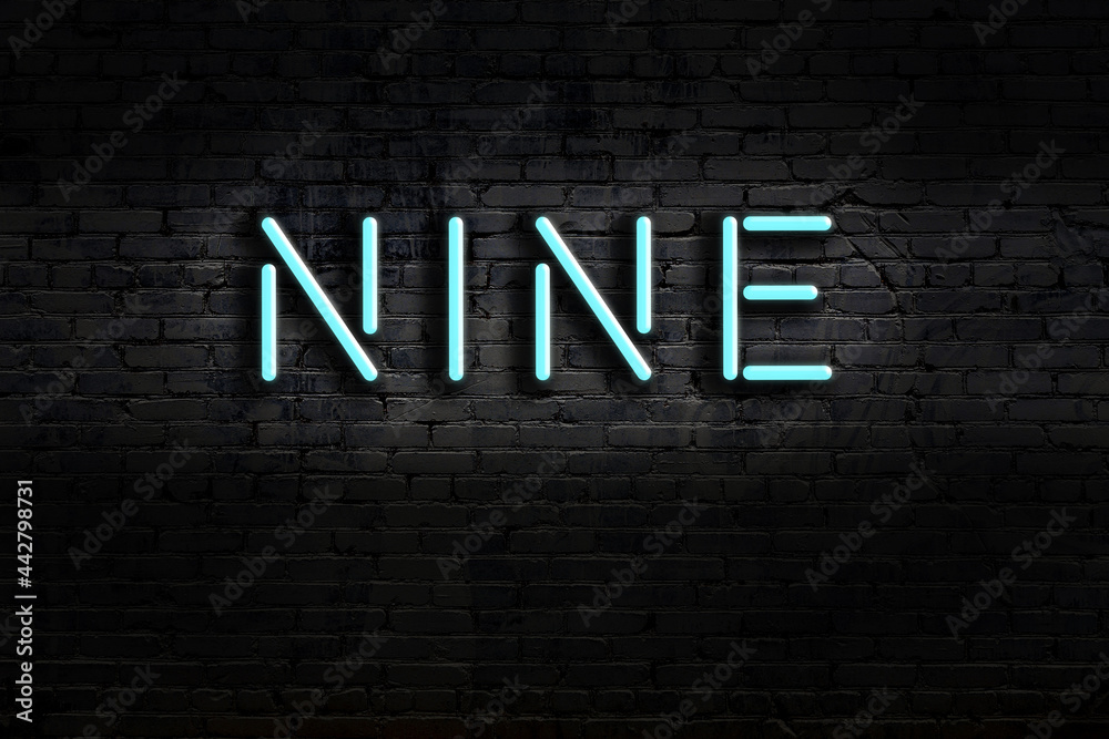 Neon sign. Word nine against brick wall. Night view Stock Illustration ...