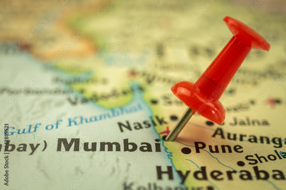 Location Mumbai in India, travel map with push pin point marker close ...