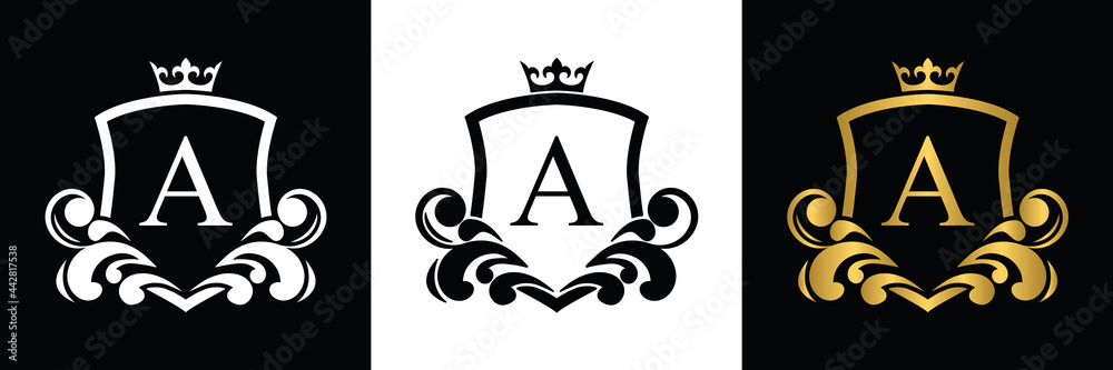 Golden Letter A template logo Luxury shield letter with crown. Monogram ...