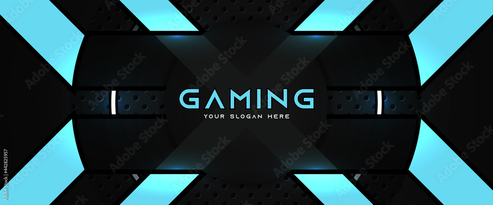 Futuristic black and blue gaming banner design template with metal ...