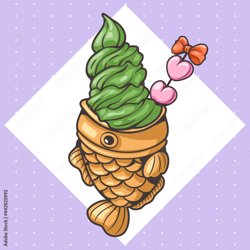 Taiyaki ice cream cartoon vector illustration, Fish bread dessert ...