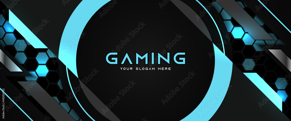 Futuristic black and blue gaming banner design template with metal ...