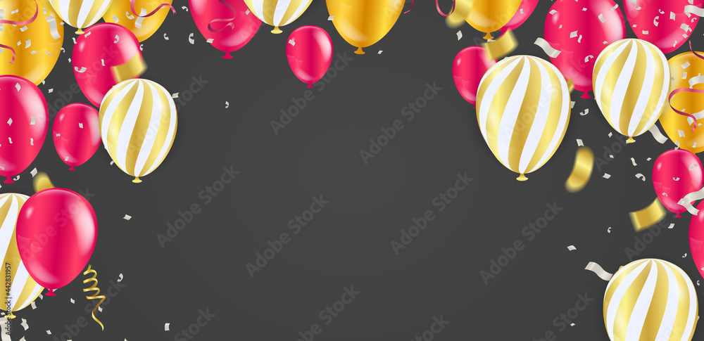 Gold balloons and Celebration background template with confetti and ...
