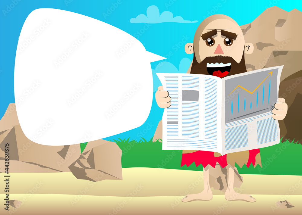 Cartoon prehistoric man reading newspaper. Vector illustration of a man ...
