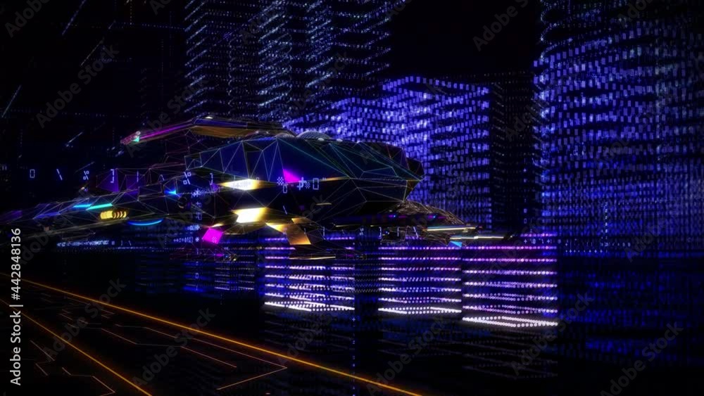 Digital Cyber Space. A Complex Starship is Flying Through the Cyber ...