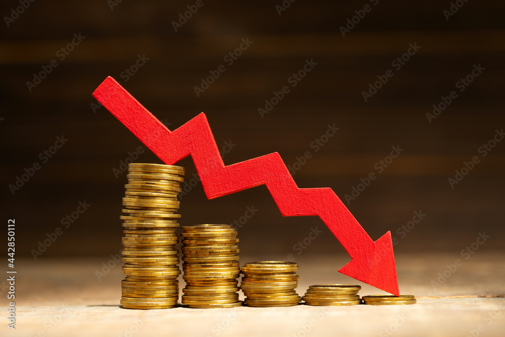Red down arrow. Stack of gold coins, steps down. Money loss concept ...