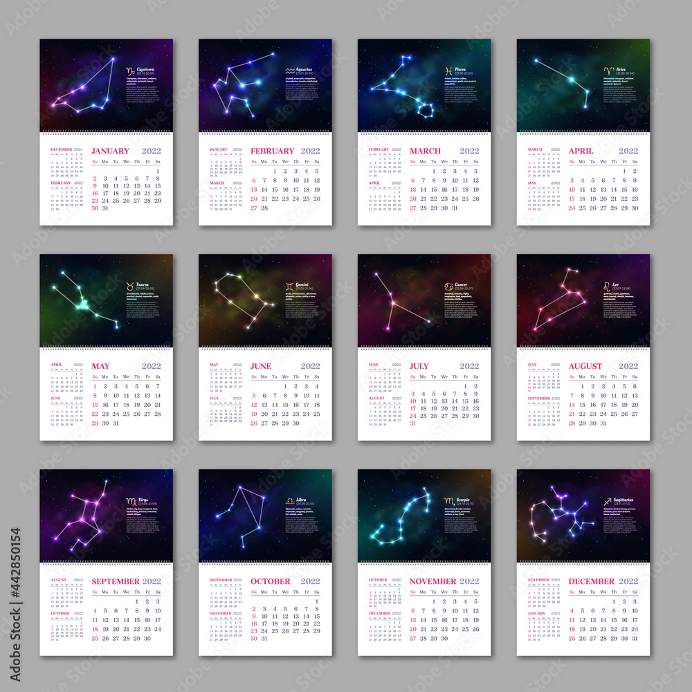 12 month of year wall zodiac calendar template set. 2022 week starts ...