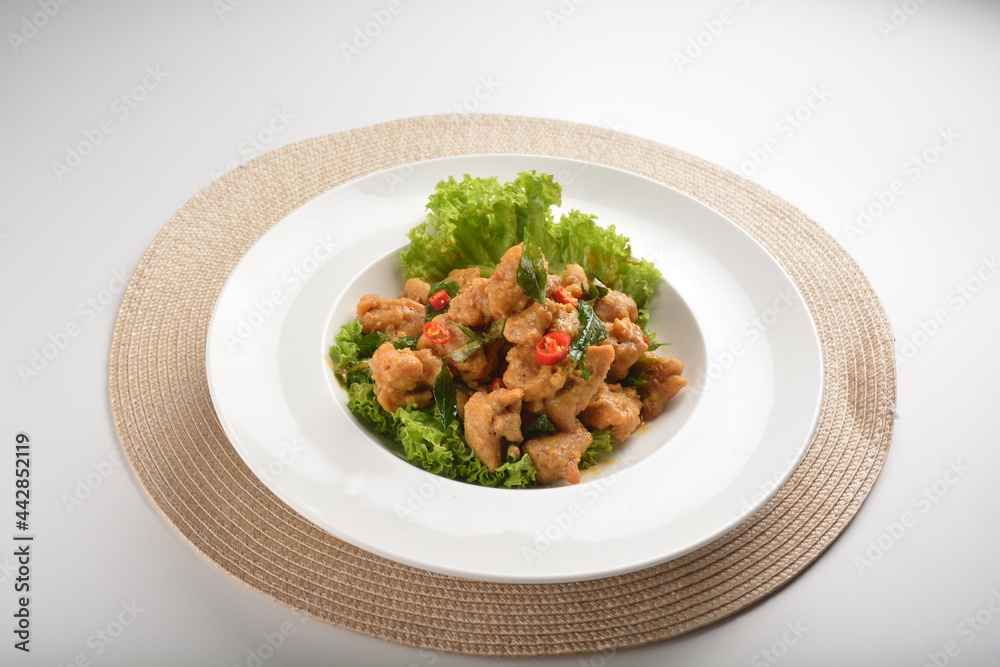 deep fried crispy chicken cube with salted egg yolk paste spicy sauce ...