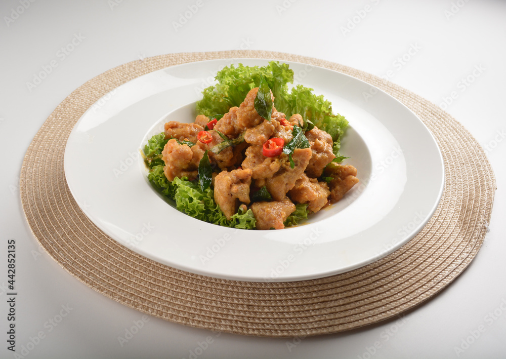 deep fried crispy chicken cube with salted egg yolk paste spicy sauce ...