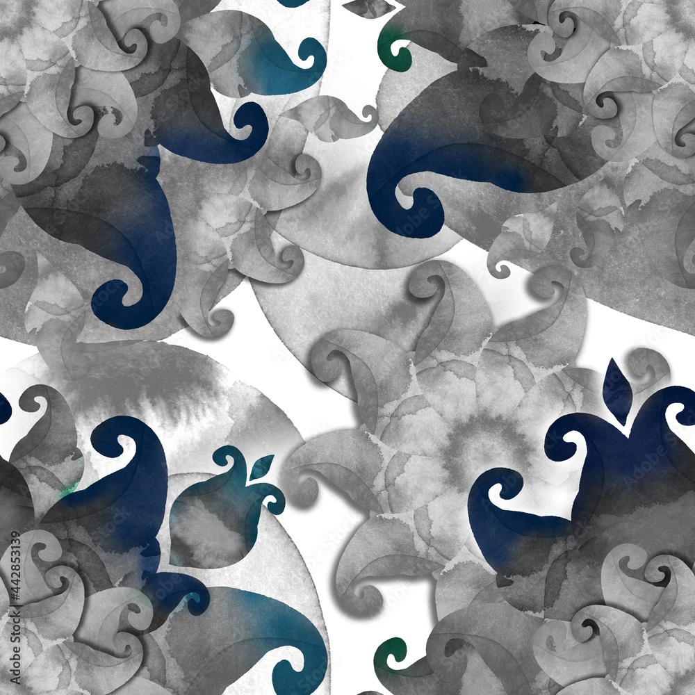 Seamless pattern of grey decorative flowers on a watercolor background ...