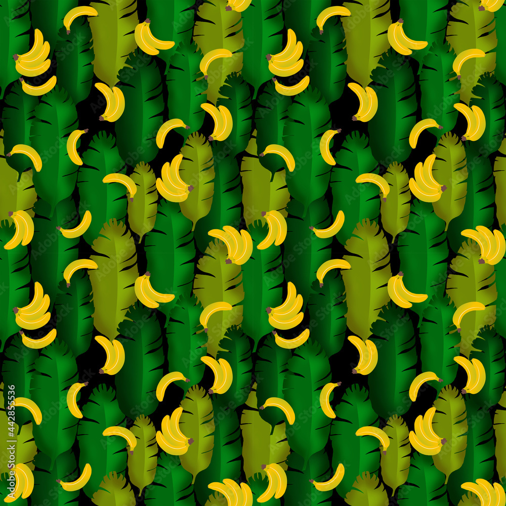 Seamless pattern of green banana tree leaves and yellow bananas. You ...