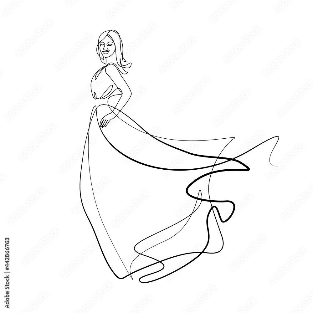 Beautiful woman in long flowing dress in continuous line art drawing ...
