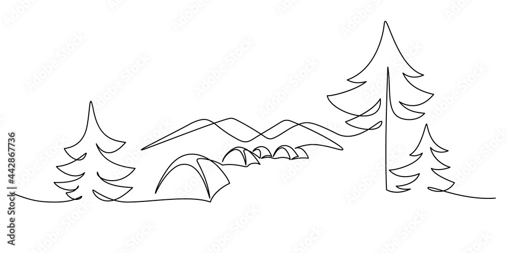 Tourist campsite in continuous line art drawing style. Summer camp ...