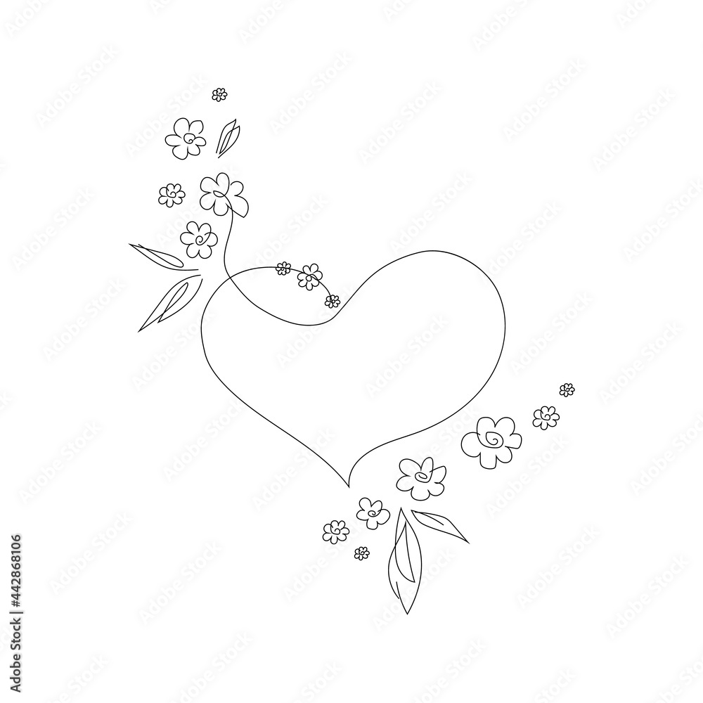 Simple sketch of heart with flowers, doodle style. Heart surrounded by ...
