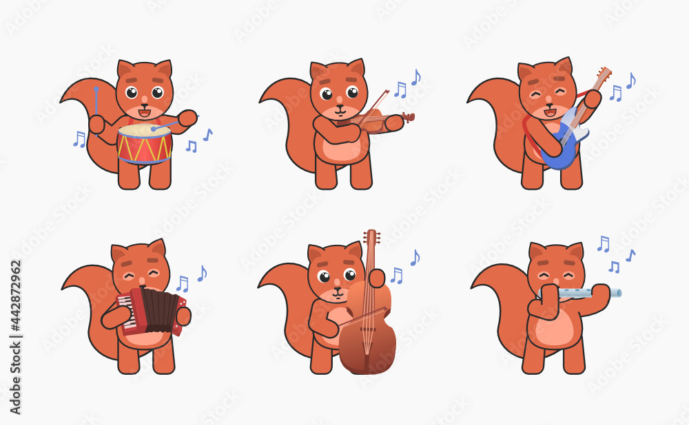 Set of squirrel mascots playing on musical instruments. Cute gopher ...