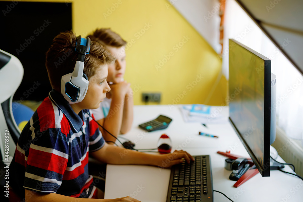 Two kids boys playing computer games on desktop pc. Modern addict ...
