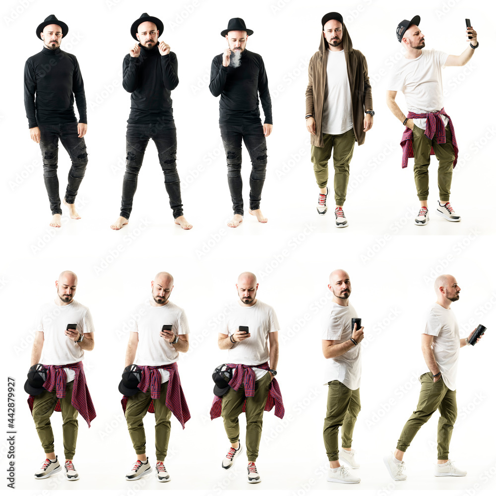 Set of young modern man wearing various styles clothes using phone ...