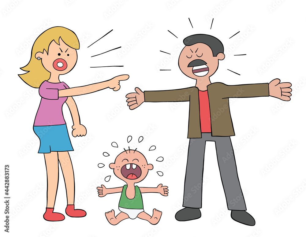 Cartoon parents fighting and baby crying, vector illustration Stock ...
