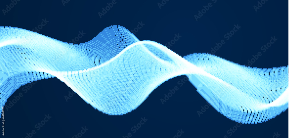 3d particles mesh array, sound wave flowing over dark. Round shining ...