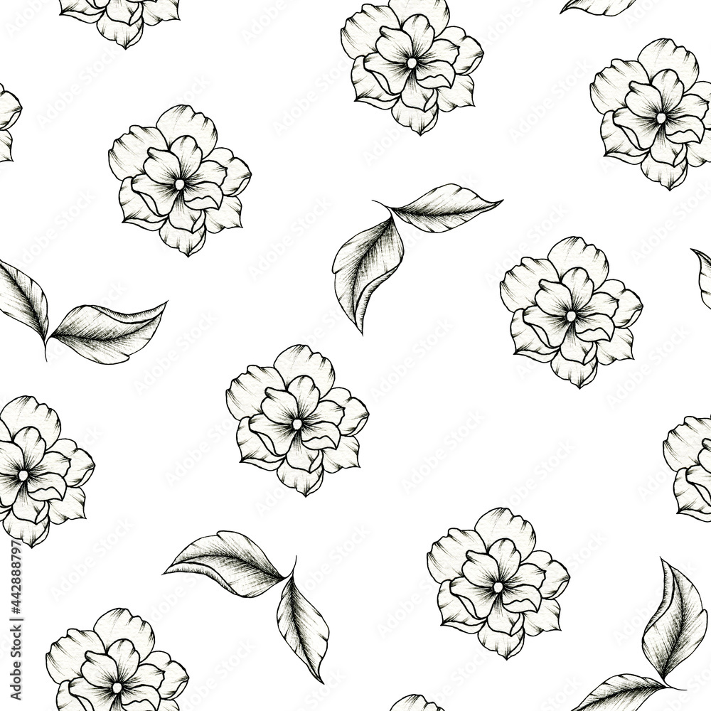 Beautiful black and white botanic seamless pattern with hand drawn ...