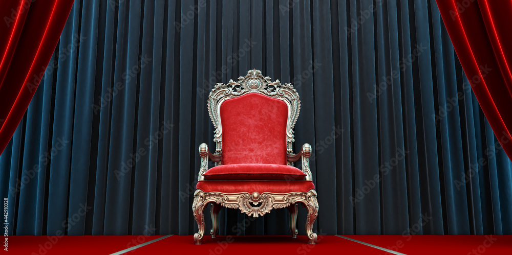 Red royal chair on a background of red and black curtains. 3d render ...