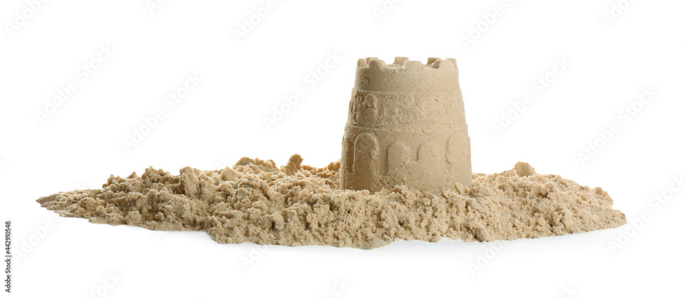 Pile of sand with castle on white background. Outdoor play Stock Photo ...